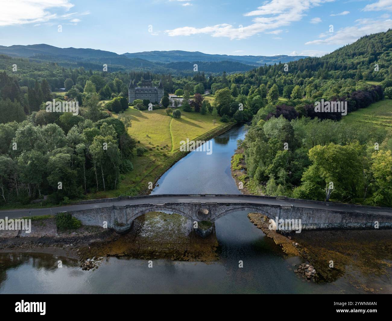 Aerial view of Loch Fyne and Aray Bridge seen from Inveraray in ...