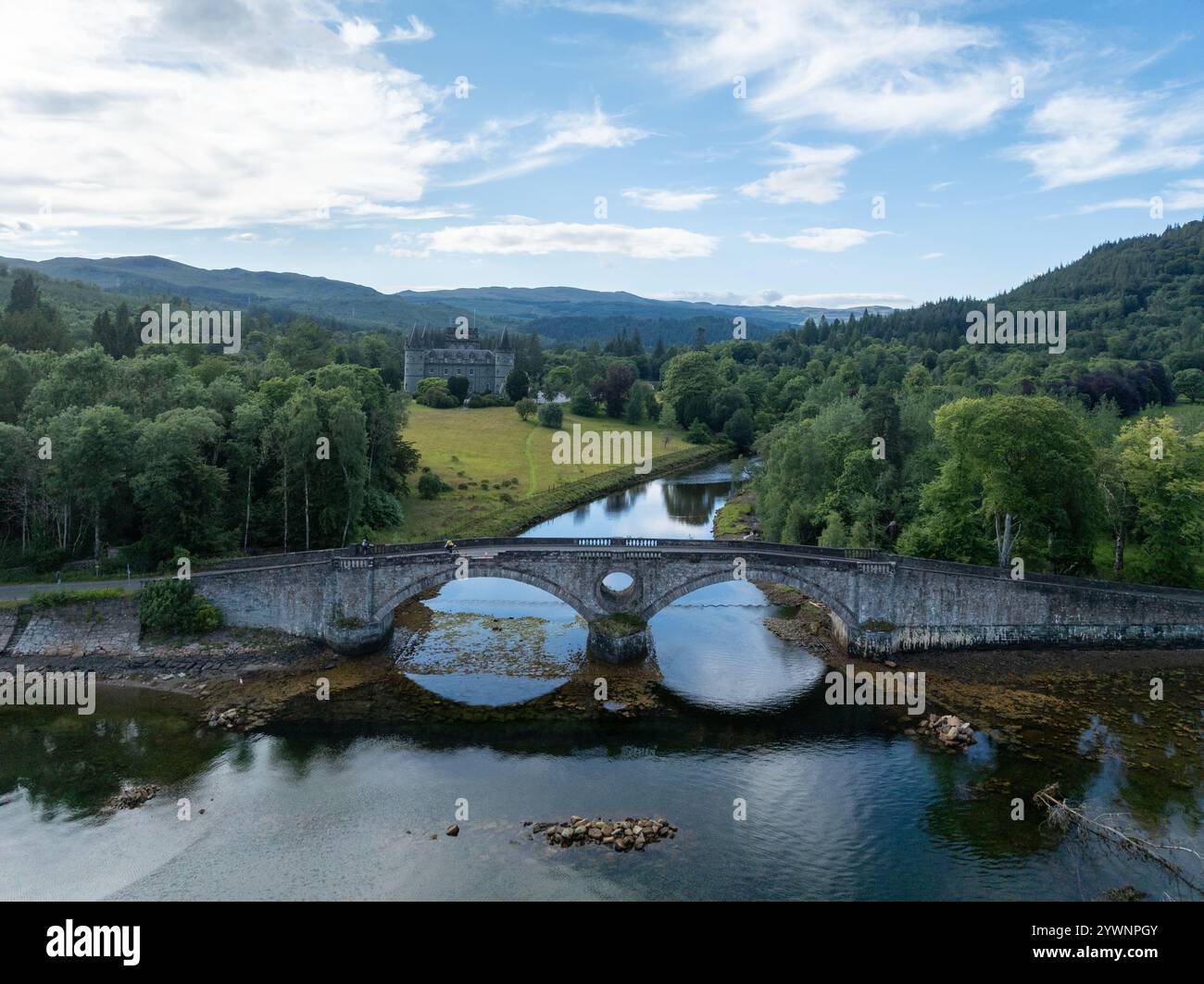 Aerial view of Loch Fyne and Aray Bridge seen from Inveraray in ...