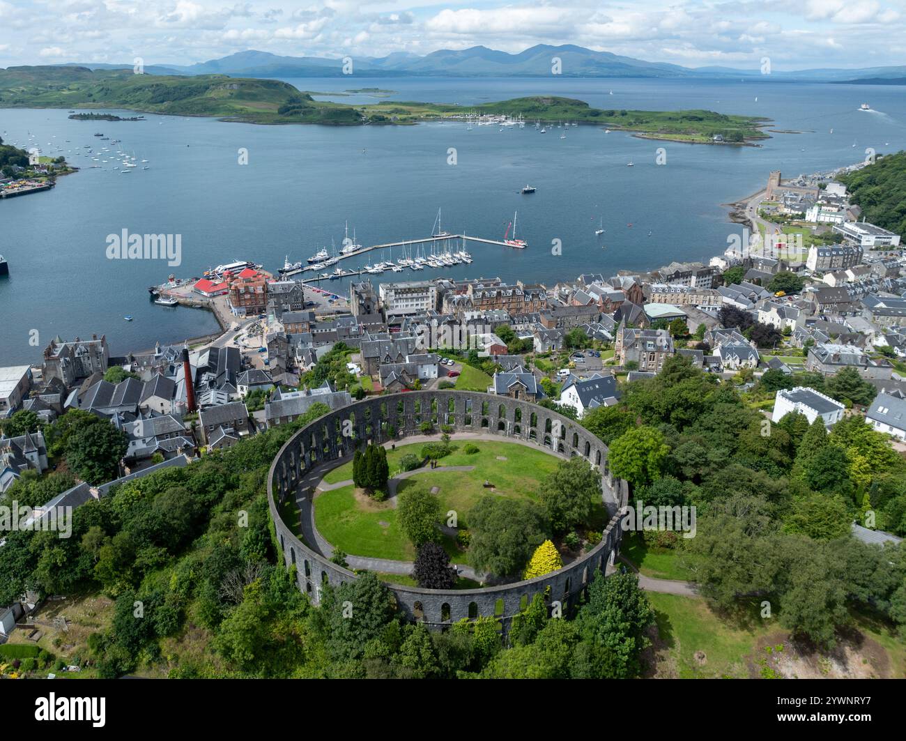 Aerial view of McCaig’s Tower overlooking Oban Bay and the Isle of Mull ...