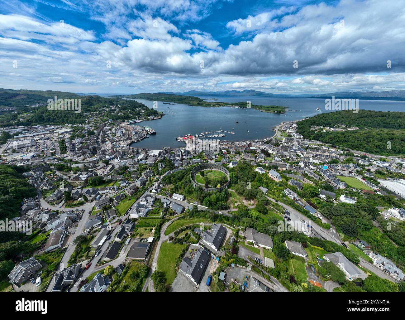 Aerial view of McCaig’s Tower overlooking Oban Bay and the Isle of Mull ...