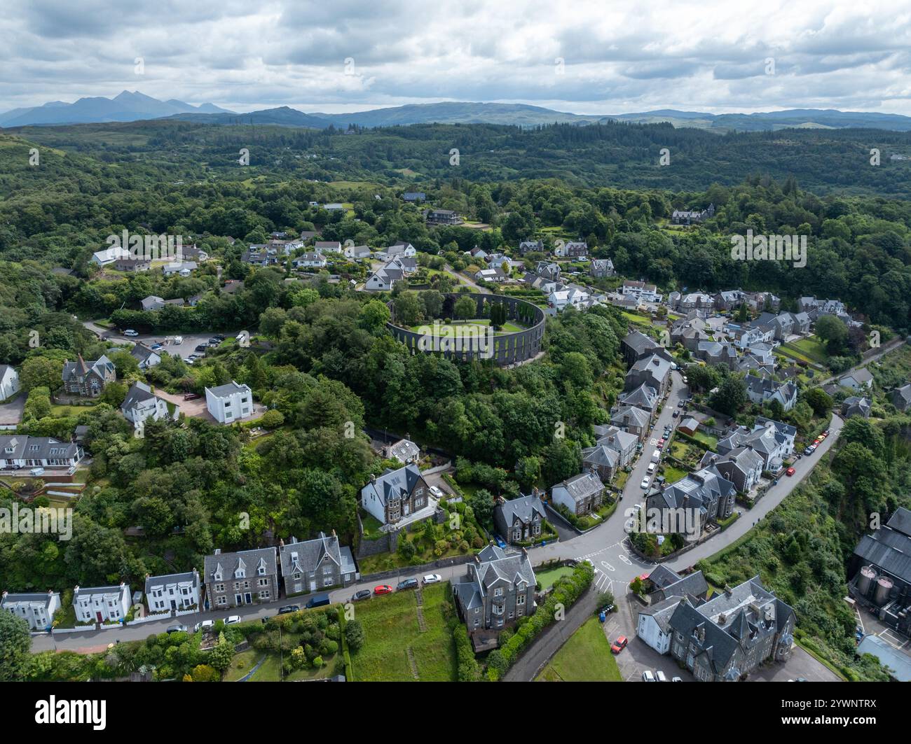 Aerial view of McCaig’s Tower overlooking Oban Bay and the Isle of Mull ...
