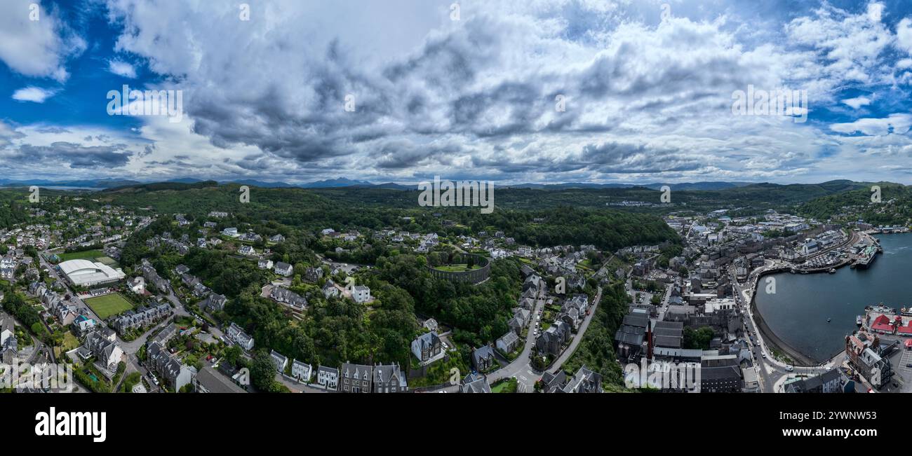 Aerial view of McCaig’s Tower overlooking Oban Bay and the Isle of Mull ...