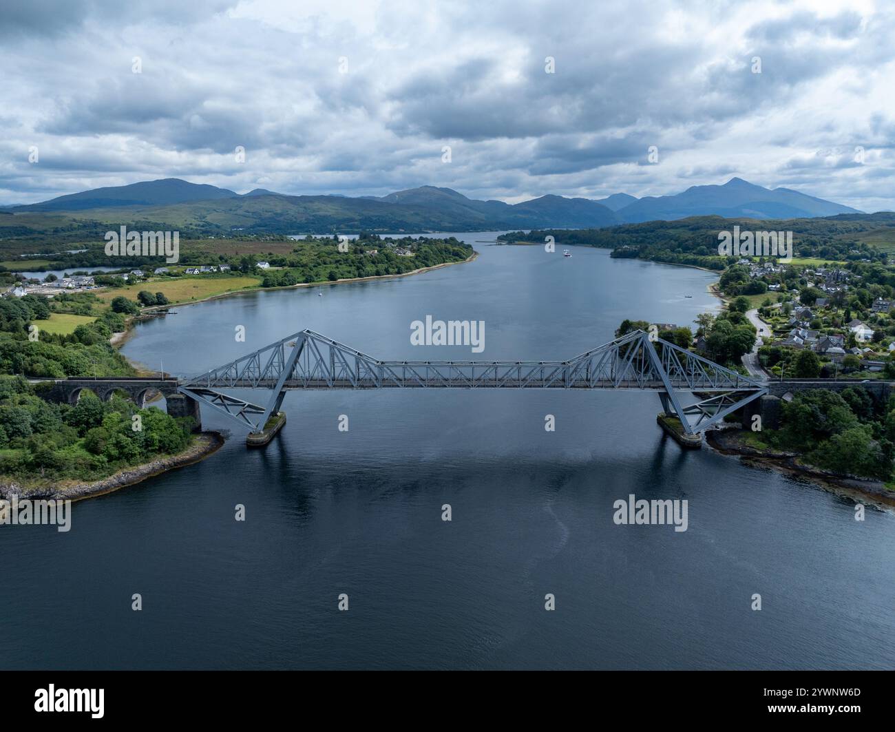 Aerial view of the Connel Bridge near Oban, Scotland. Connel Bridge is ...