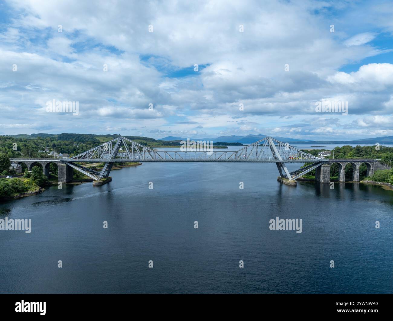 Aerial view of the Connel Bridge near Oban, Scotland. Connel Bridge is ...