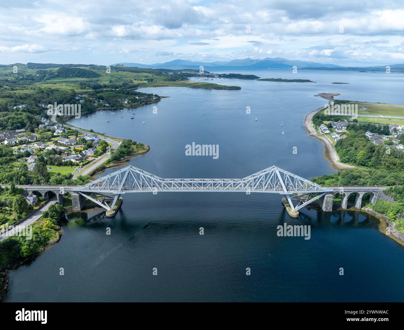 Aerial view of the Connel Bridge near Oban, Scotland. Connel Bridge is ...