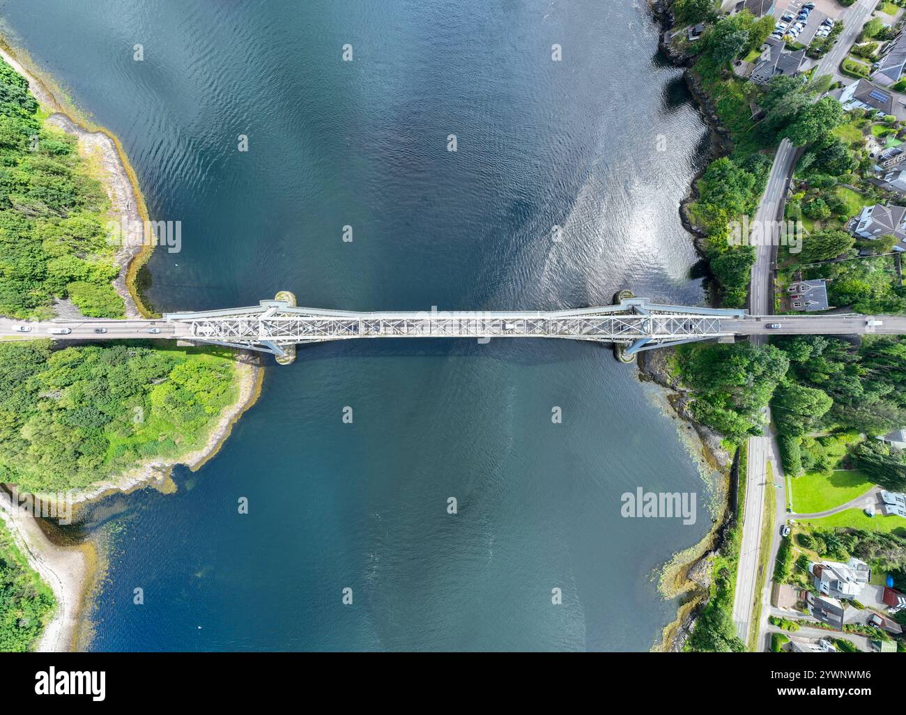 Aerial view of the Connel Bridge near Oban, Scotland. Connel Bridge is ...