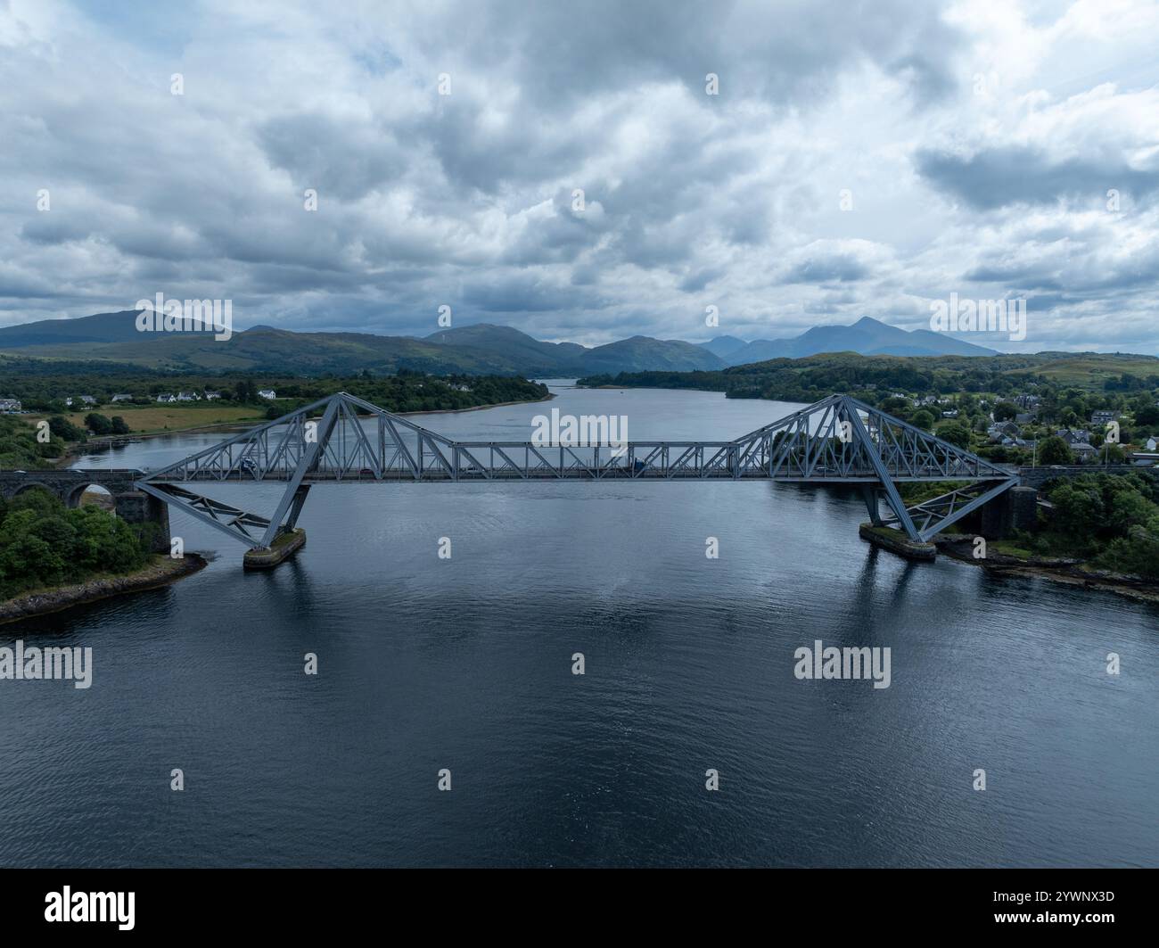 Aerial view of the Connel Bridge near Oban, Scotland. Connel Bridge is ...