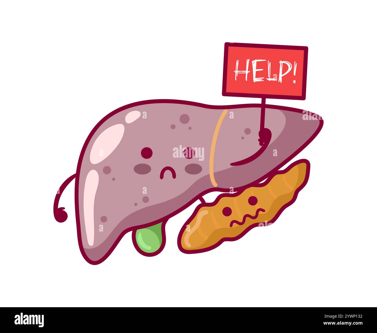 Diseased liver, gall bladder and pancreas. Cute characters in kawaii ...
