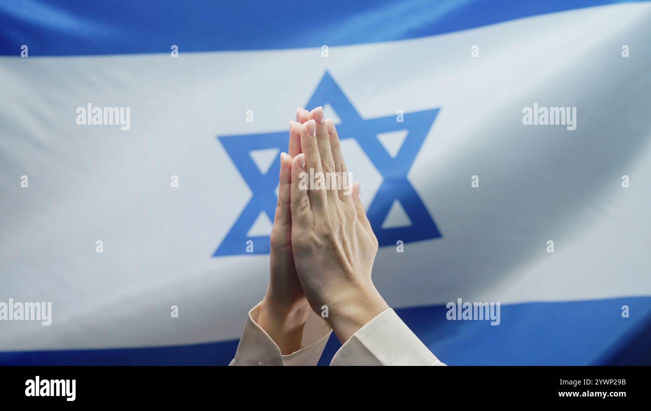 Jewish Woman Praying On Star Of David Israeli National Flag. Hopeful ...