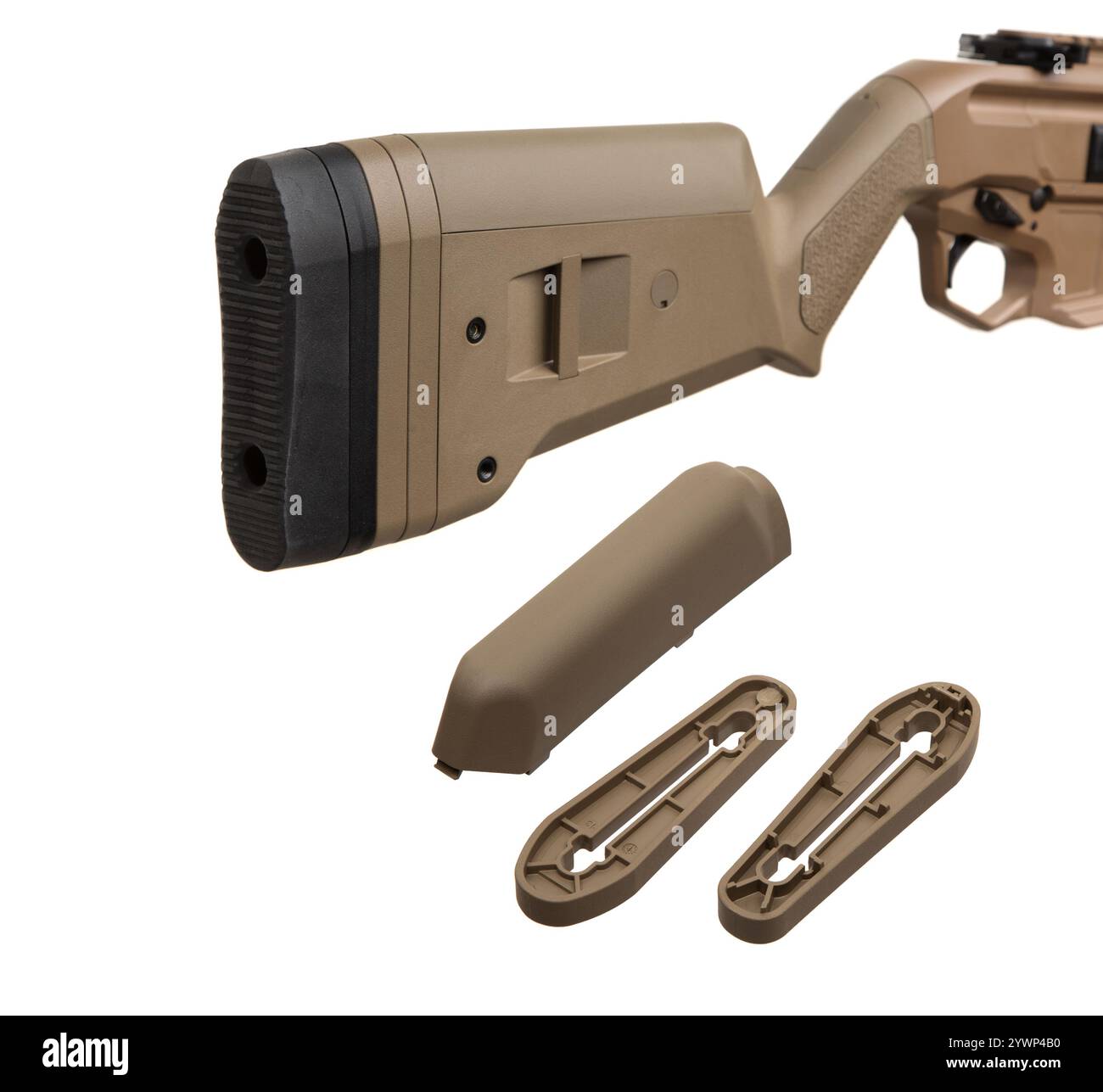 Modern tactical rifle with tan polymer stock, precision barrel, and ...