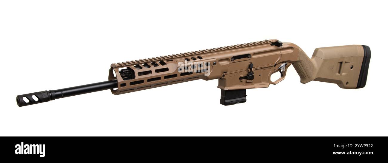 Modern tactical rifle with tan polymer stock, precision barrel, and ...