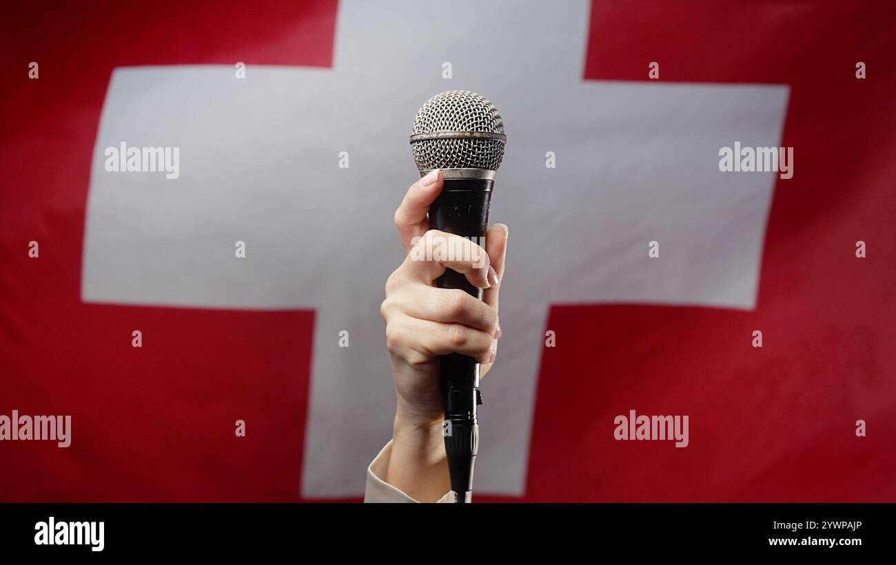 Woman Singer Or Tv Presenter Holding Mic, Mike Or Microphone In Hand On ...