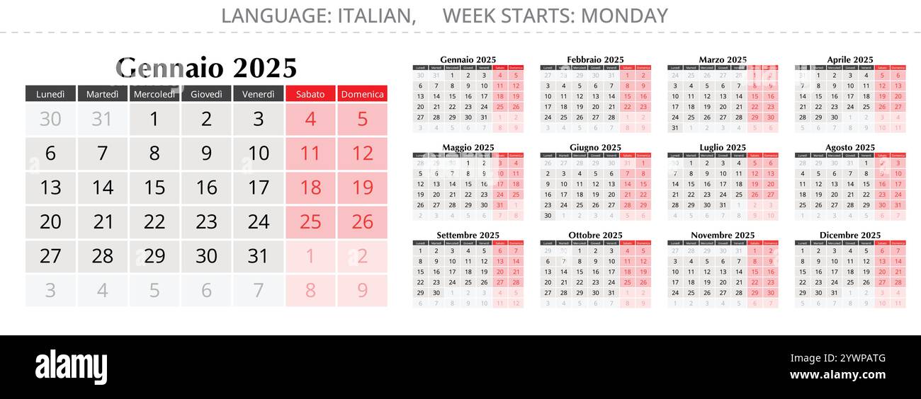 Calendar for 2025. Italian. Collection for 12 month. Vector ...