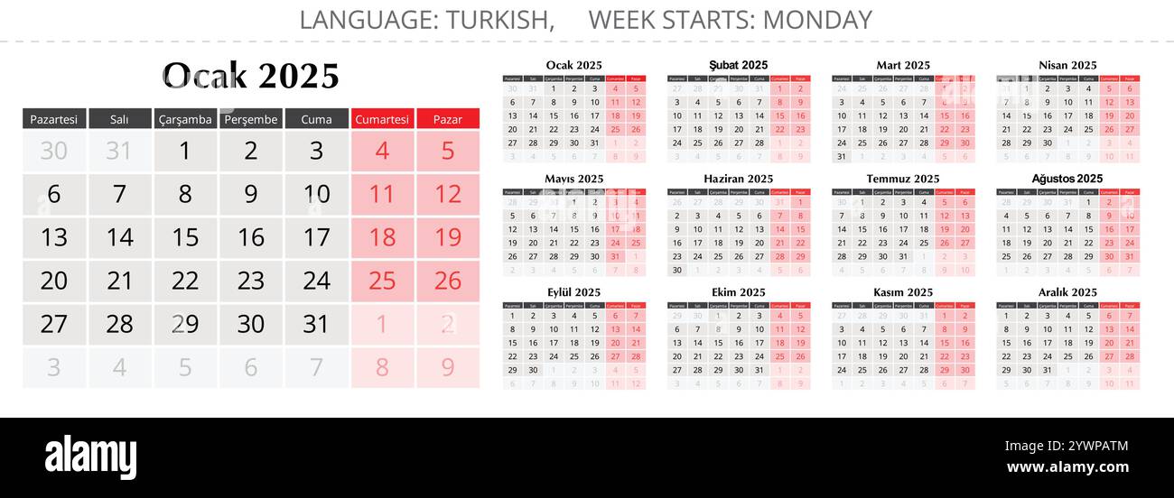 2025 year turkish calendar. Collection of 12 months. Print vector ...