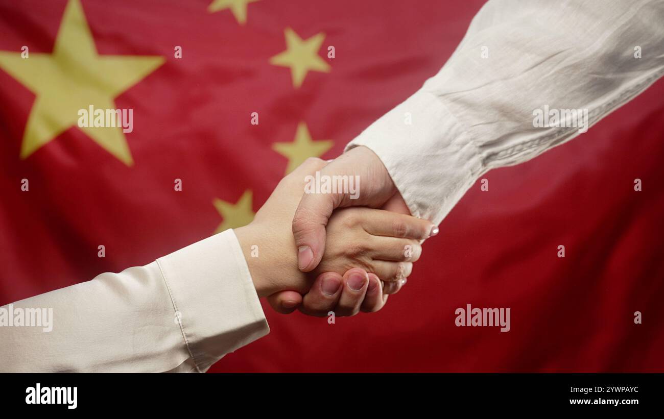 Chinese Man And Woman Business Partners Shaking Hands. Handshake, Make ...