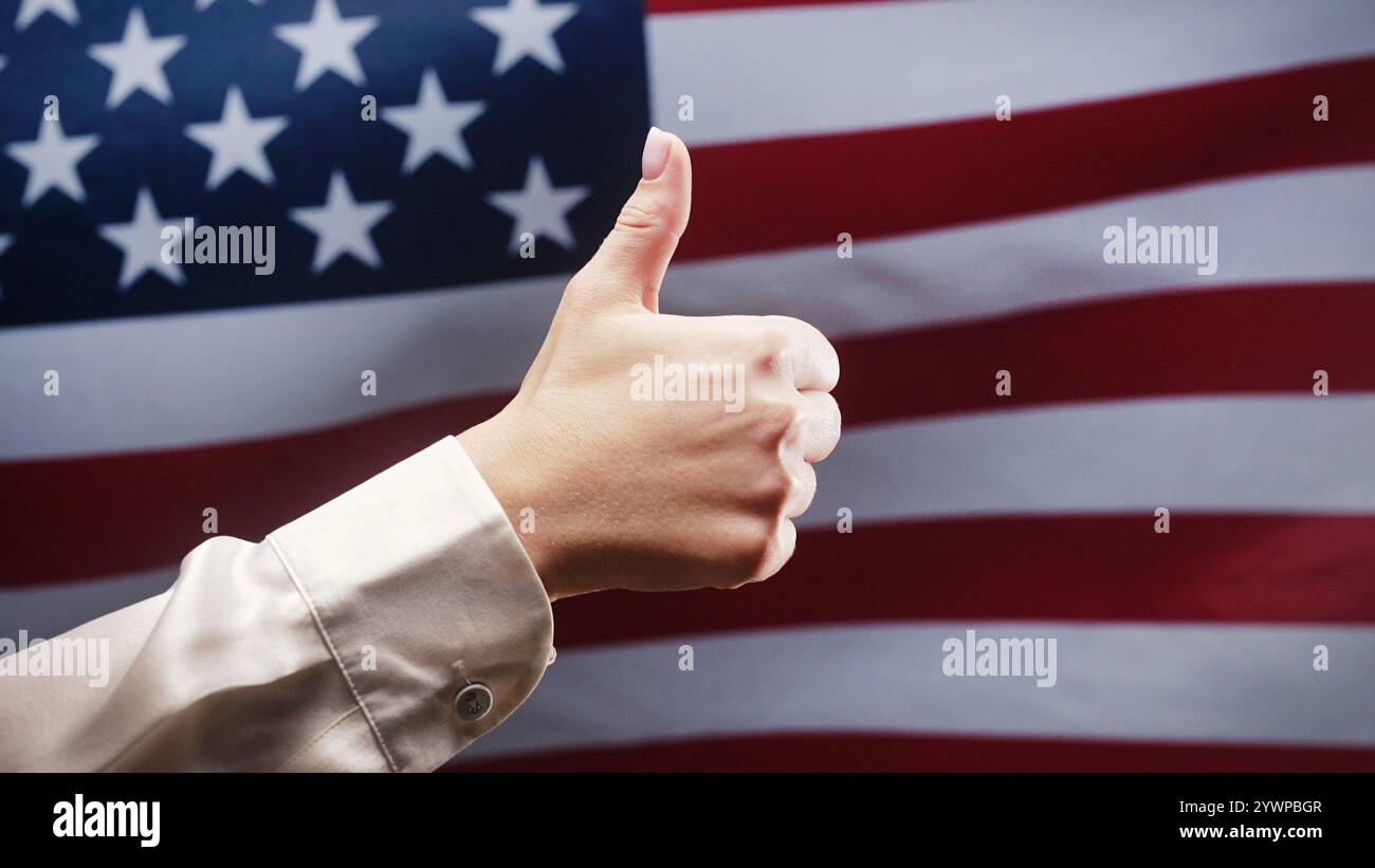 Woman Makes Hand Sign Like, Thumb Up Gesture On Usa Flag. United States ...