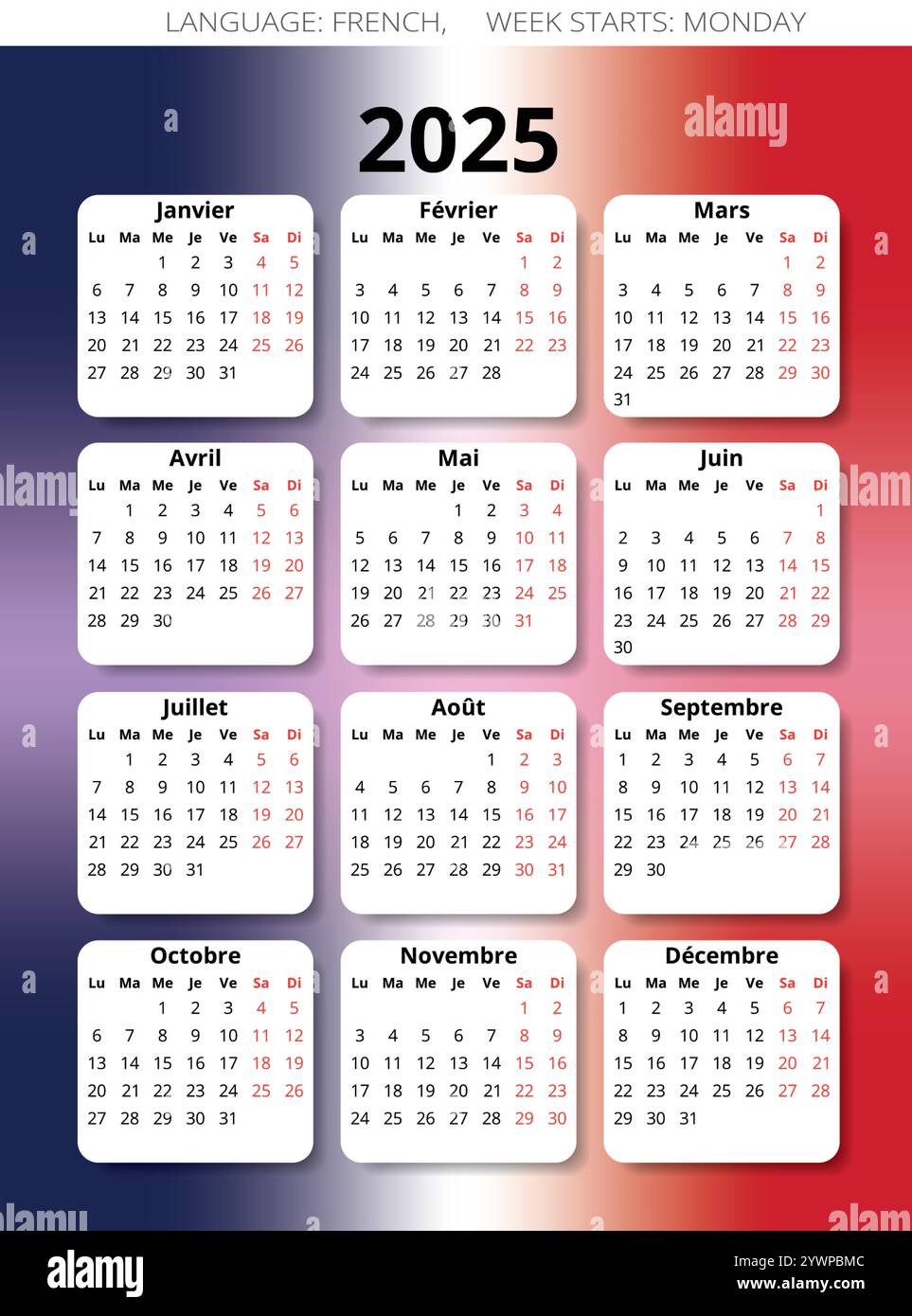 FRENCH calendar for 2025. Vector illustration. The background is in the ...