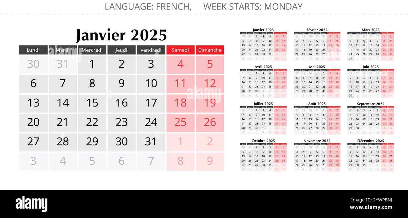 2025 year french calendar. Vector illustration set for France ...