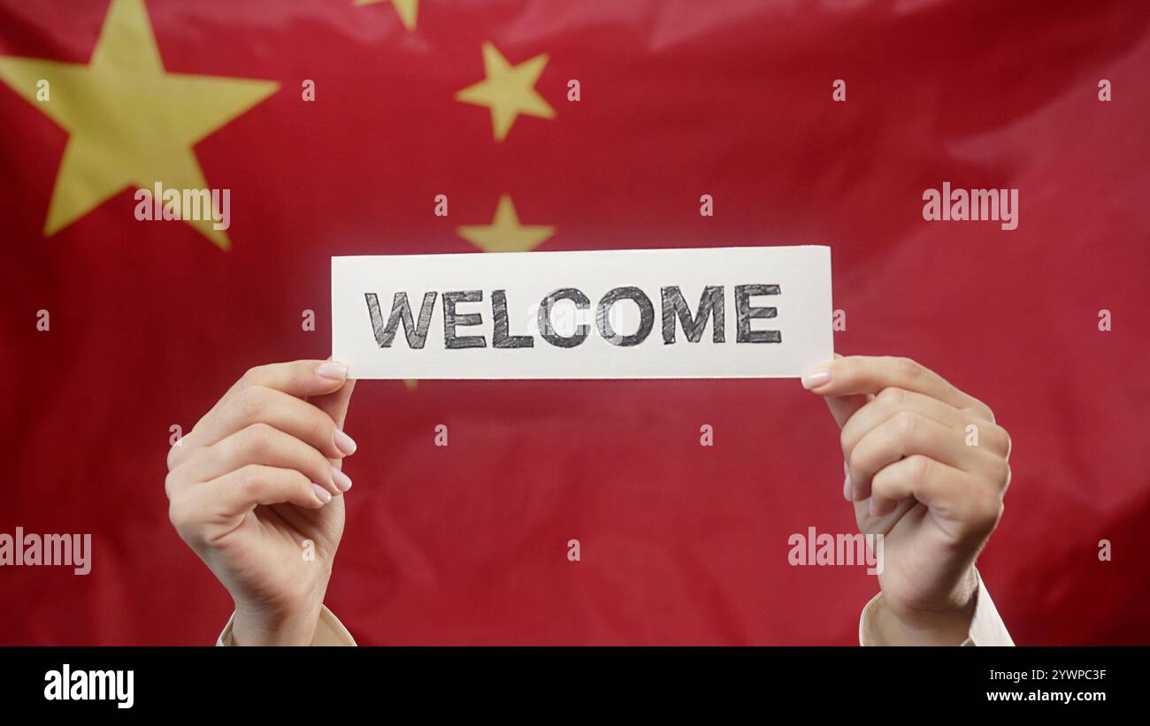 Woman With Welcome Lettering Title Text Cardboard Chinese Flag ...