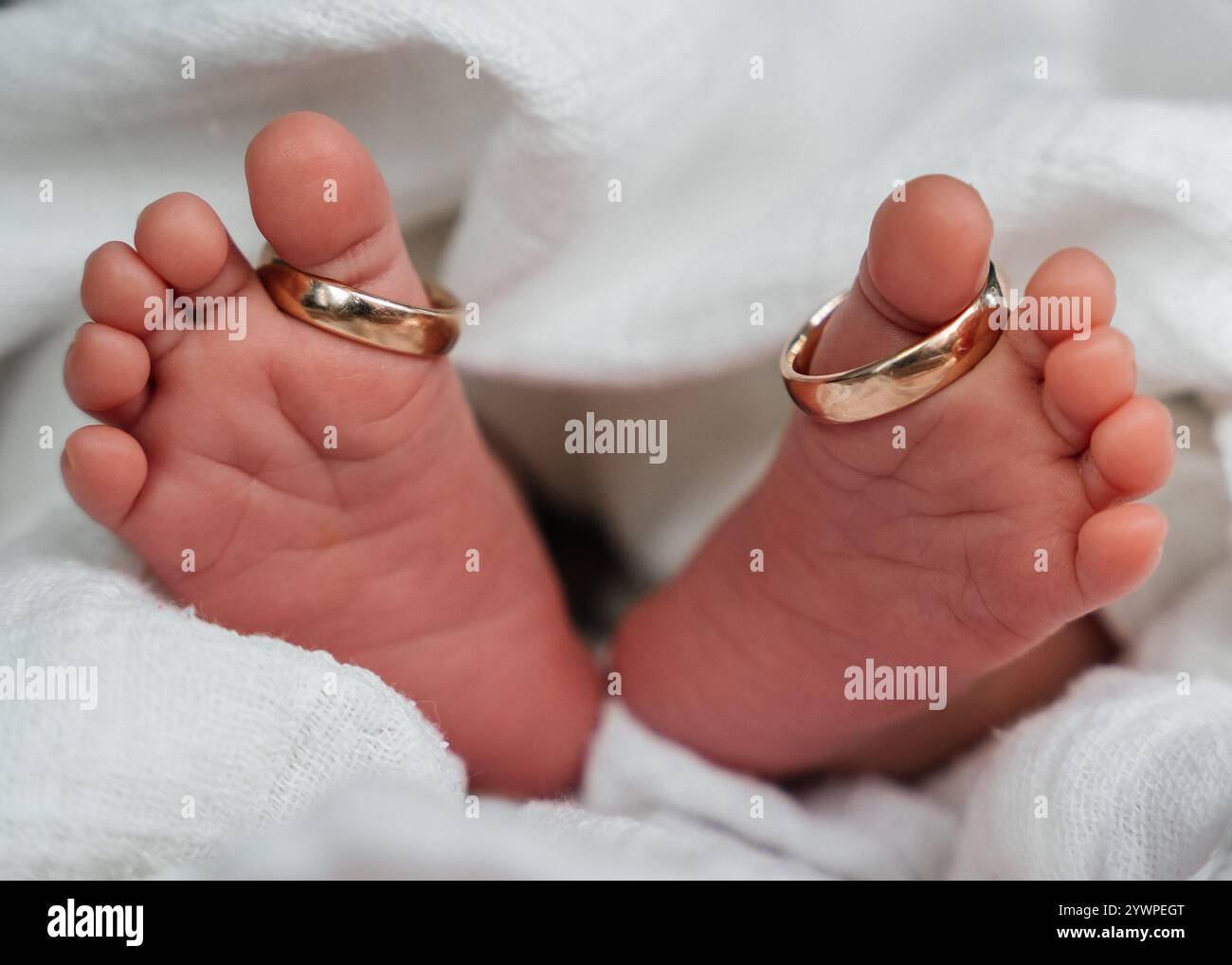 baby's feet in a white blanket with the parents' rings on the big spots ...
