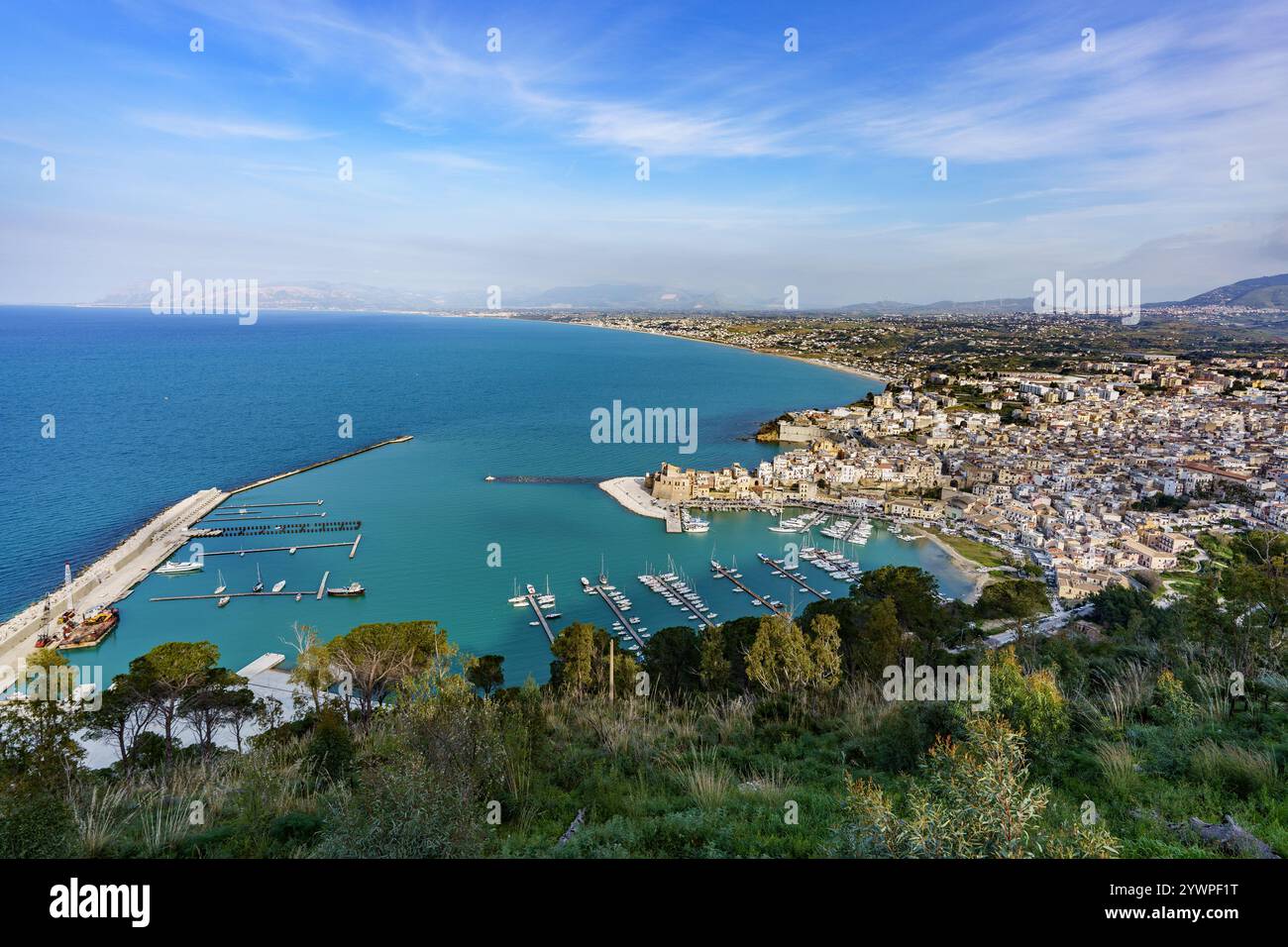 Top view of a beautiful landscape showing the city, port, sea, greenery ...