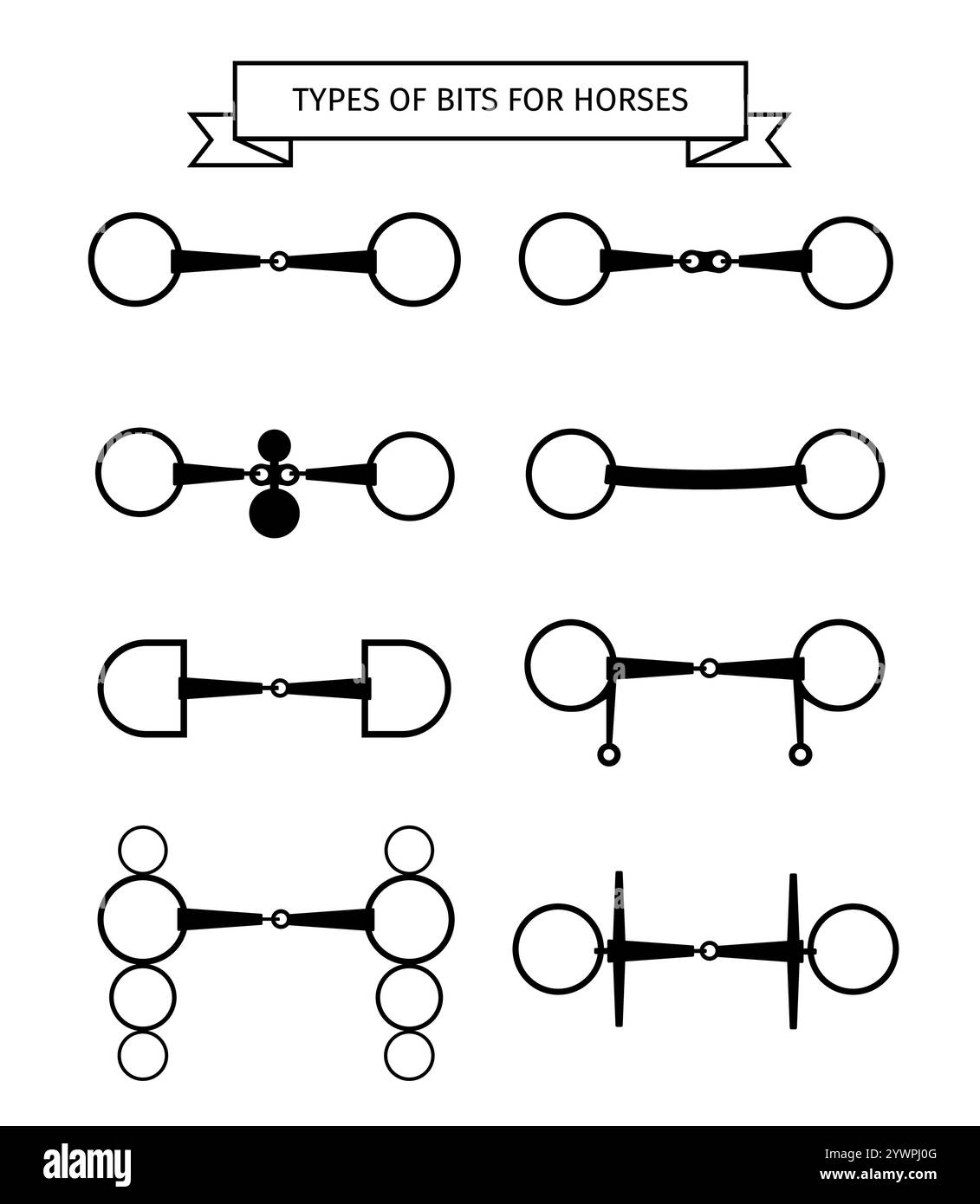 Vector set bundle of black flat horse bit silhouette isolated on white ...