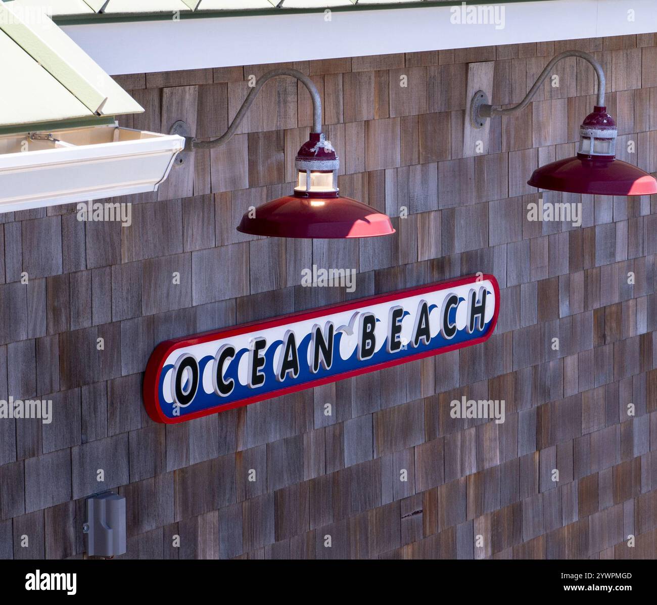 Brightly colored Ocean Beach sign adorns a rustic wooden wall ...