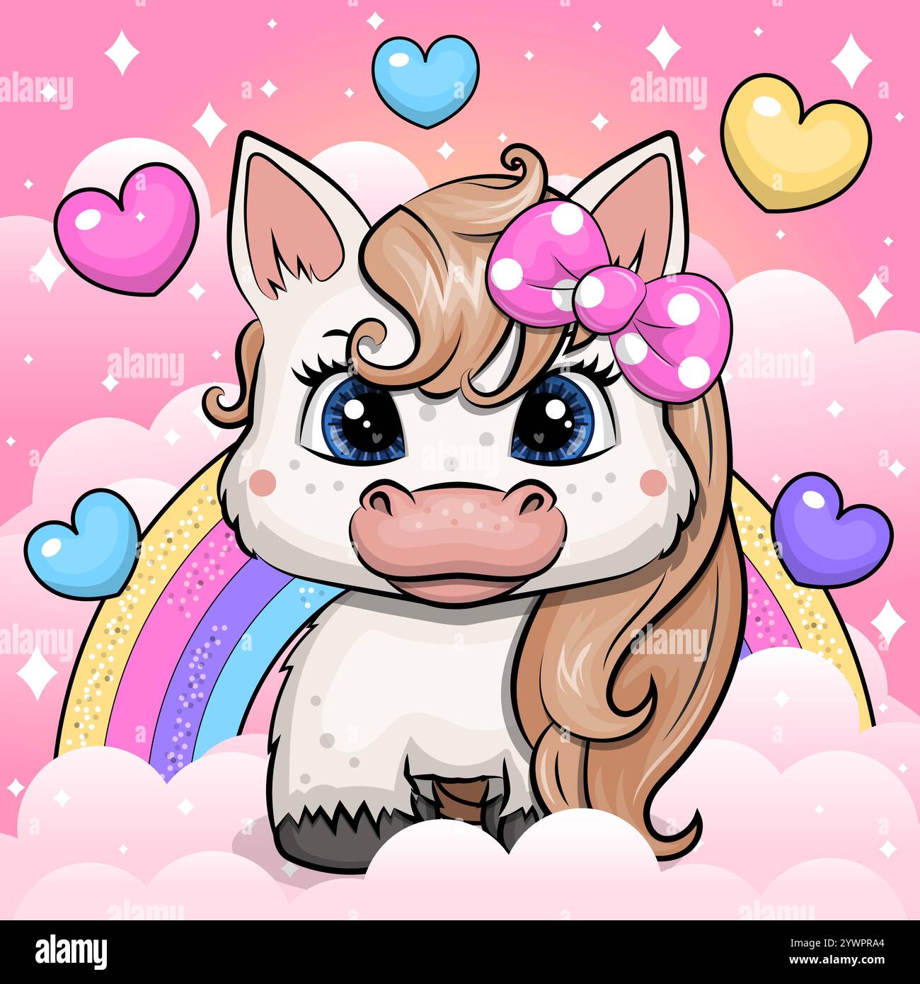 Cute cartoon pony with a pink bow. Vector illustration of animal with ...