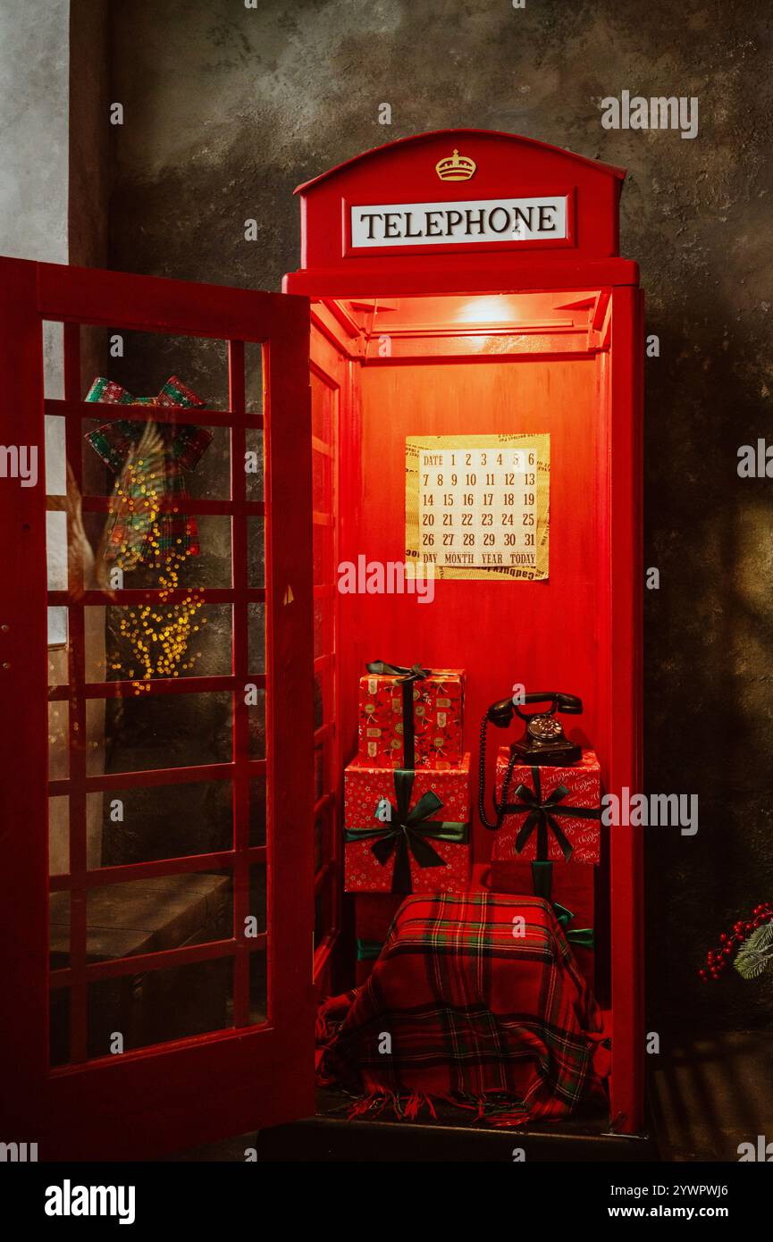 telephone booth, red in the interior Stock Photo - Alamy