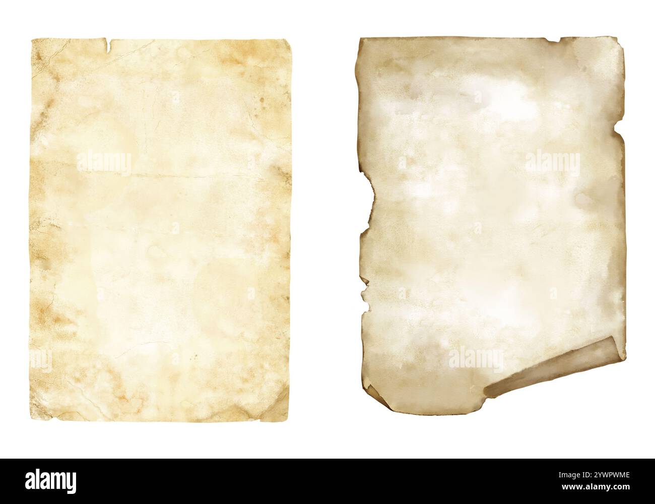 Old paper sheet with worn edges in set. Watercolor digital illustration ...