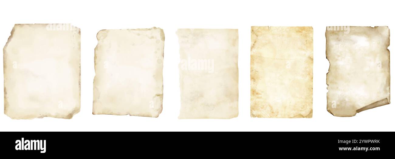 Old paper sheet with worn edges in set. Watercolor digital illustration ...
