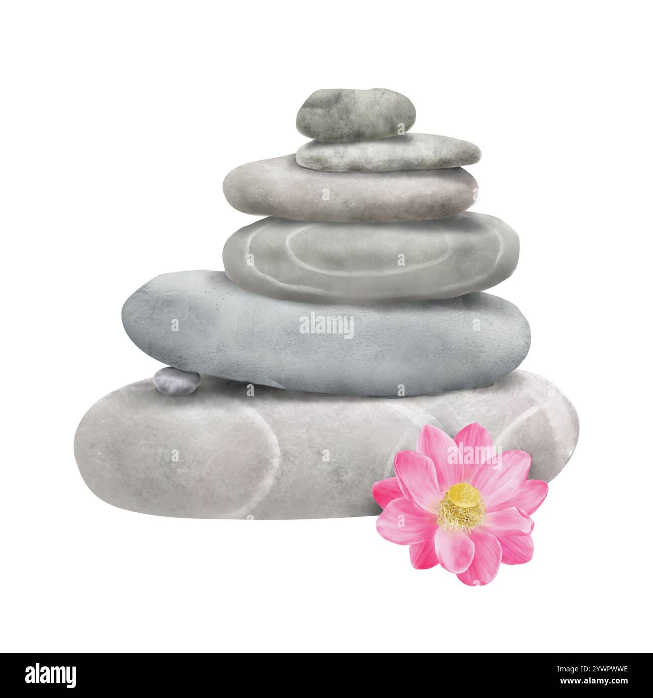 Pyramid of gray smooth stones with lotus flower. Watercolor ...