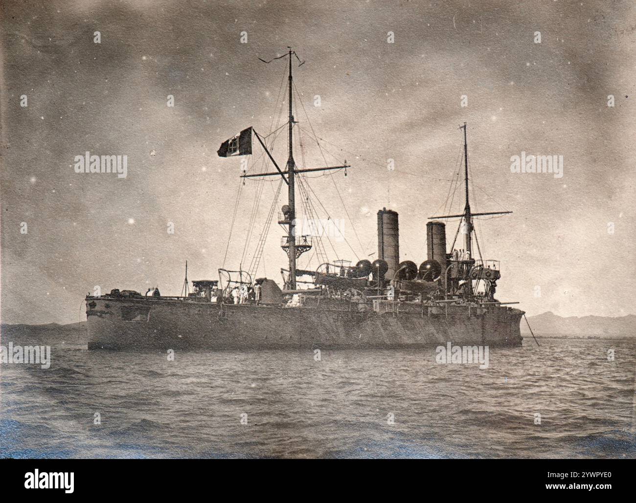 The Italian warship "Puglie" in full war gear, photographed moored off ...