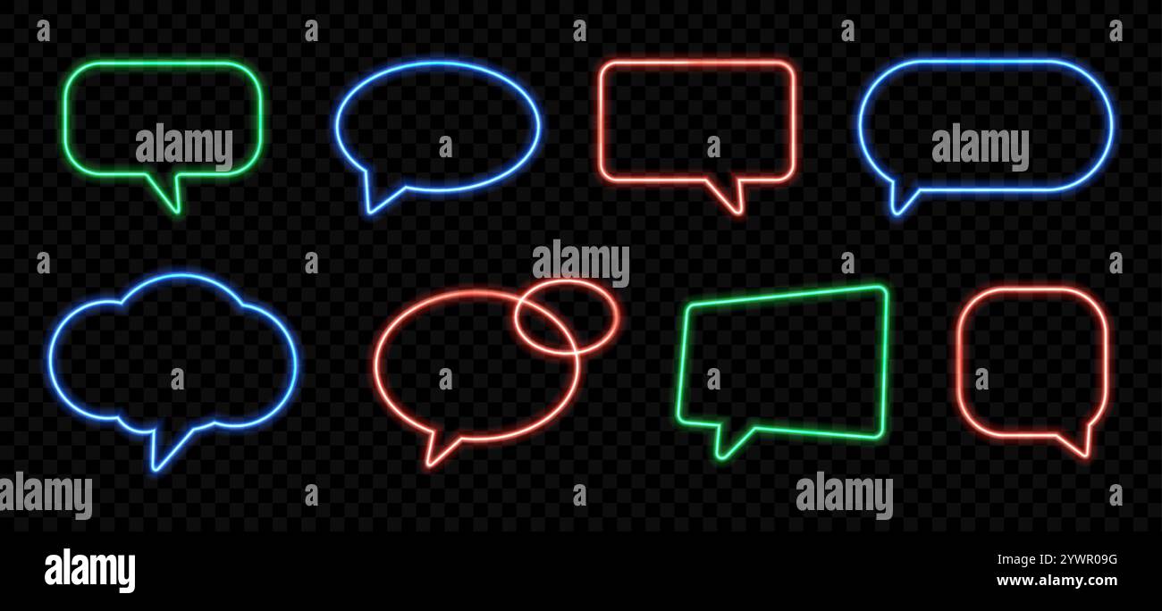 Neon light speech bubbles. Shiny message sign with glowing neon frame ...