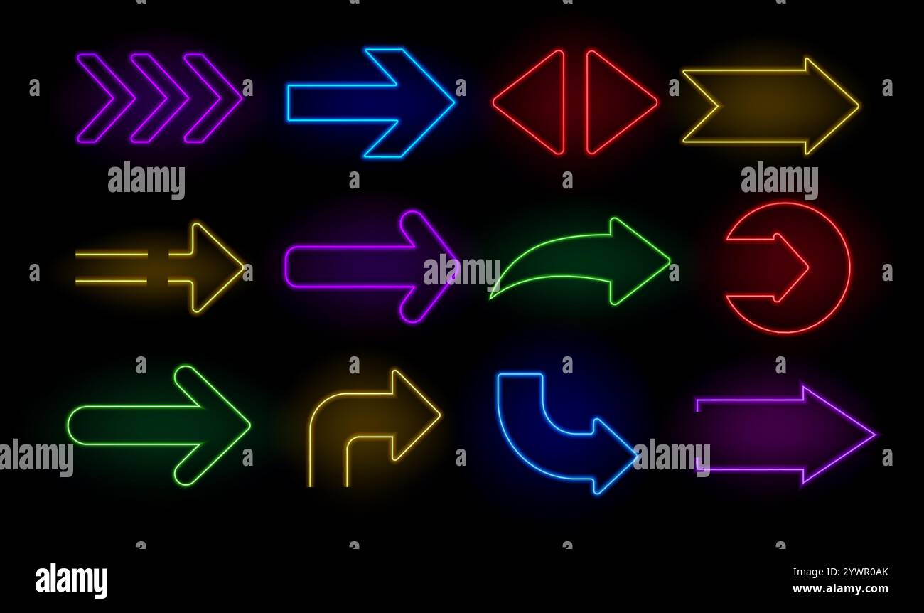 Neon directional arrows. Bright arrow pointer electric illuminated ...