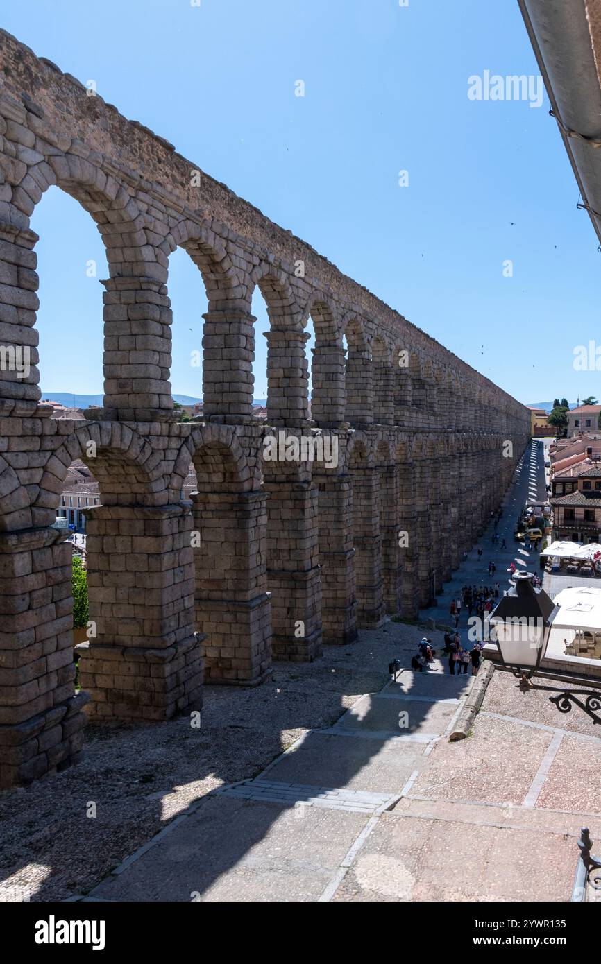 Elevated perspective of Segovia's iconic Roman aqueduct, revealing its ...