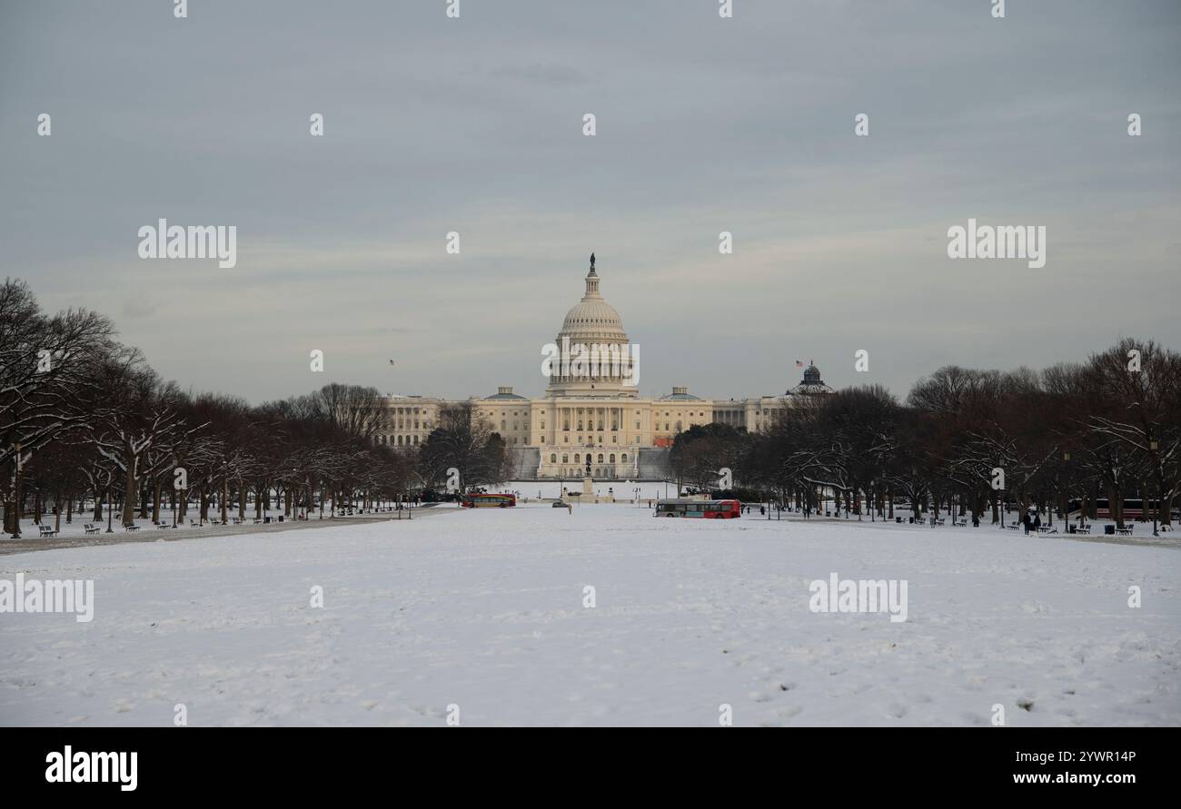 A distant view of the U.S. Capitol Building across the National Mall ...