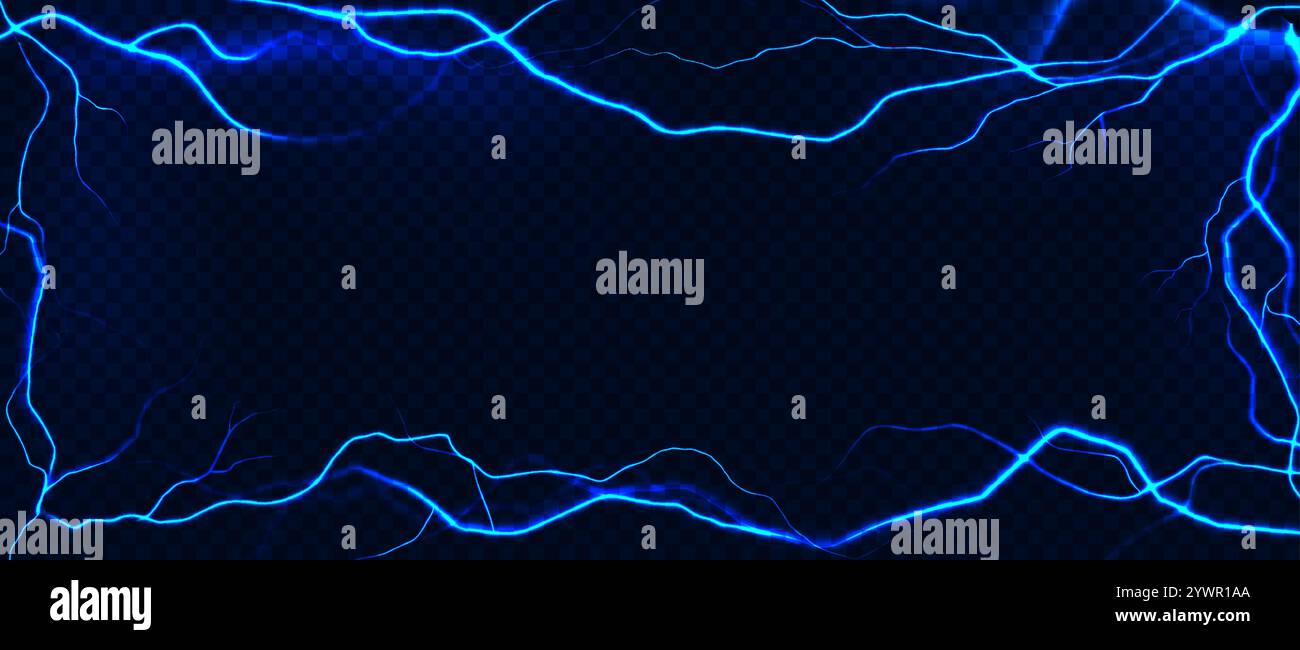 Lightning frame. Thunderbolt realistic effect rectangular border with ...