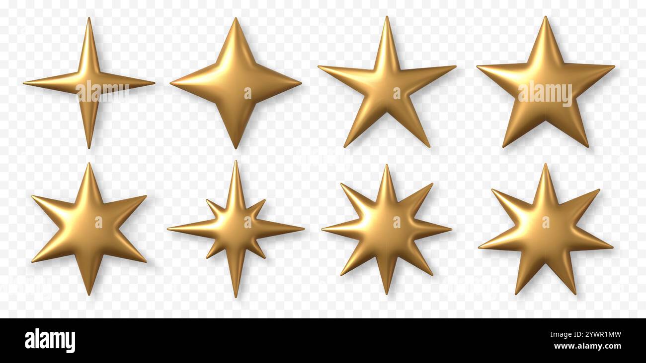 3D golden star. Christmas stars of various glossy shiny shapes ...