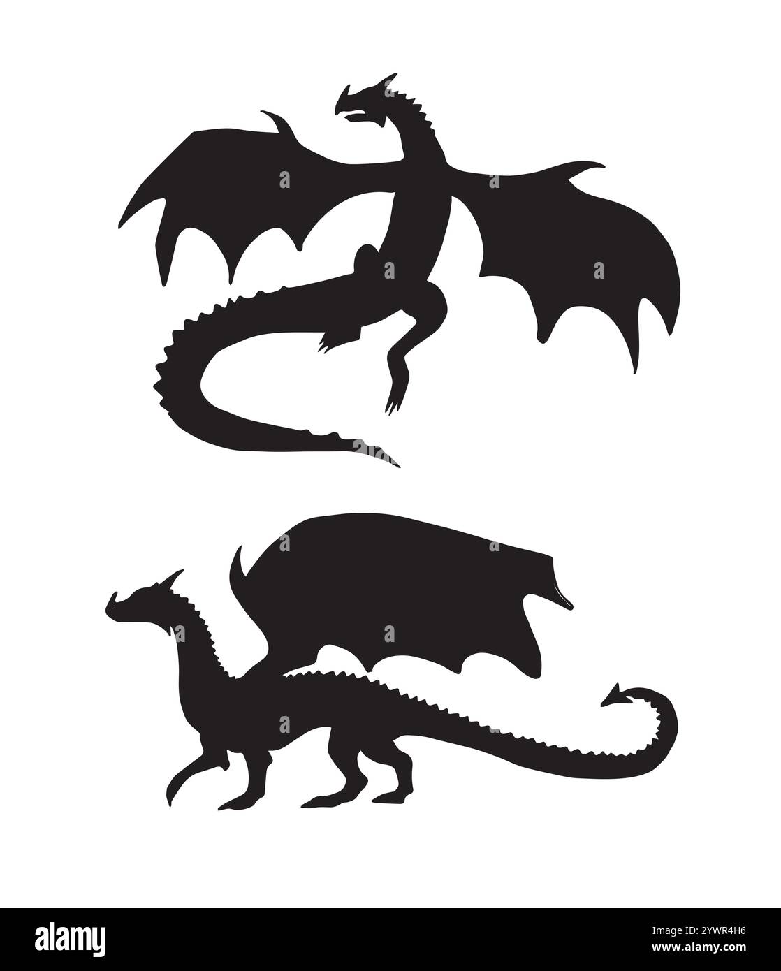 Vector set of two black dragons silhouette isolated on white background ...