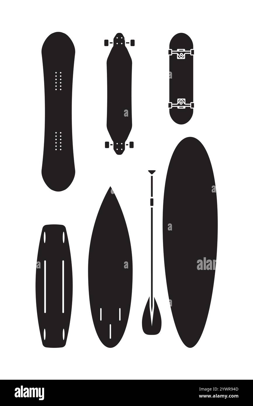 Vector flat black bundle of different boards isolated on white ...