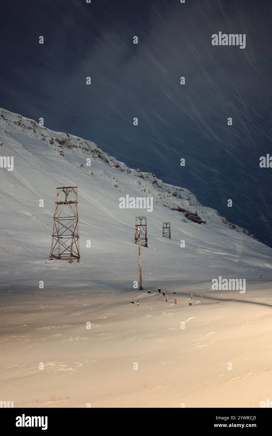 Wooden aerial cableway to mine on mountain in Longyearbyen, Svalbard ...