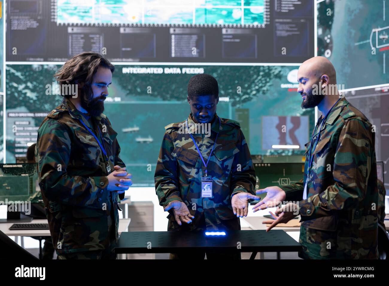 Team of diverse troopers collecting intelligence in a power base ...