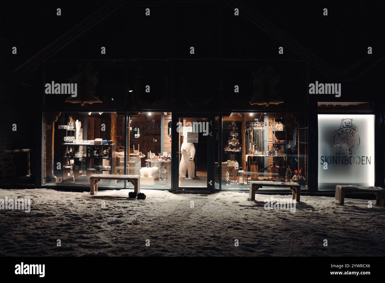 Arctic shop with polar bear statue in Longyearbyen, Svalbard Stock ...