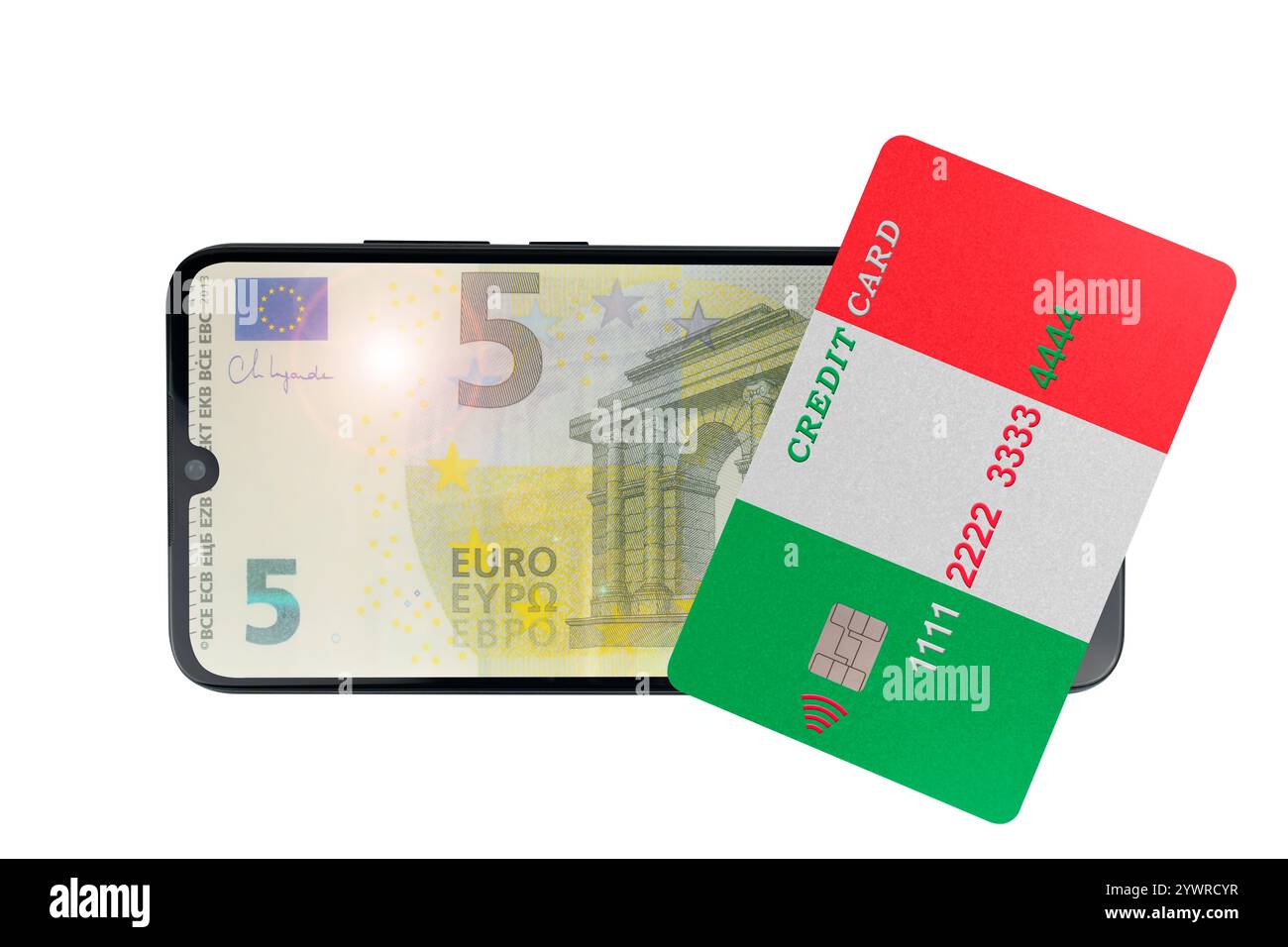 Plastic credit card in the shape of the Italian flag lies on a ...