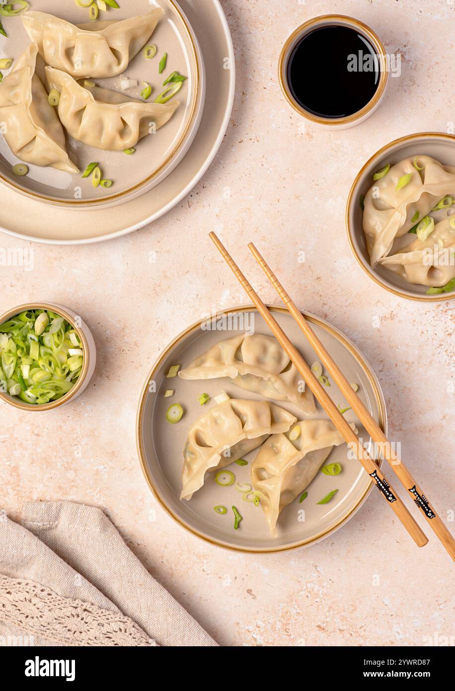 Food photography of vegetable gyoza dumplings, jiaozi, spring onion ...