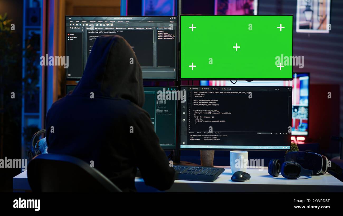 Dangerous man hacking using green screen PC, stealing credit card ...