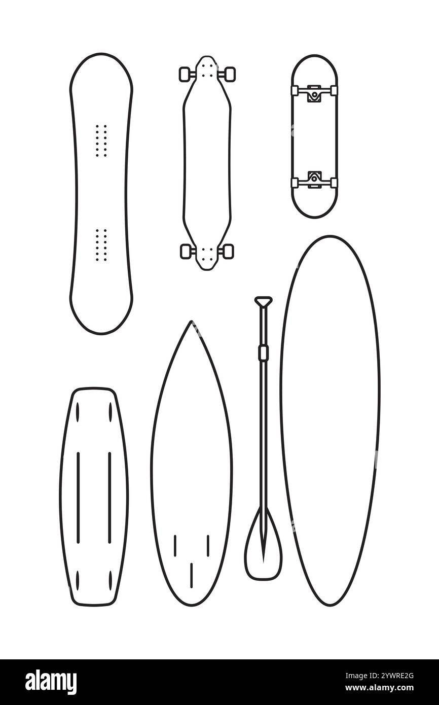 Vector flat black outline bundle of different boards isolated on white ...