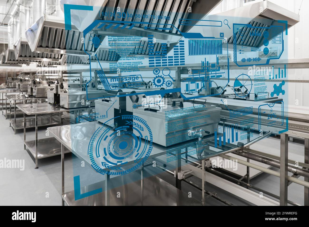 Hologram of the HUD interface against the background of a conveyor belt ...