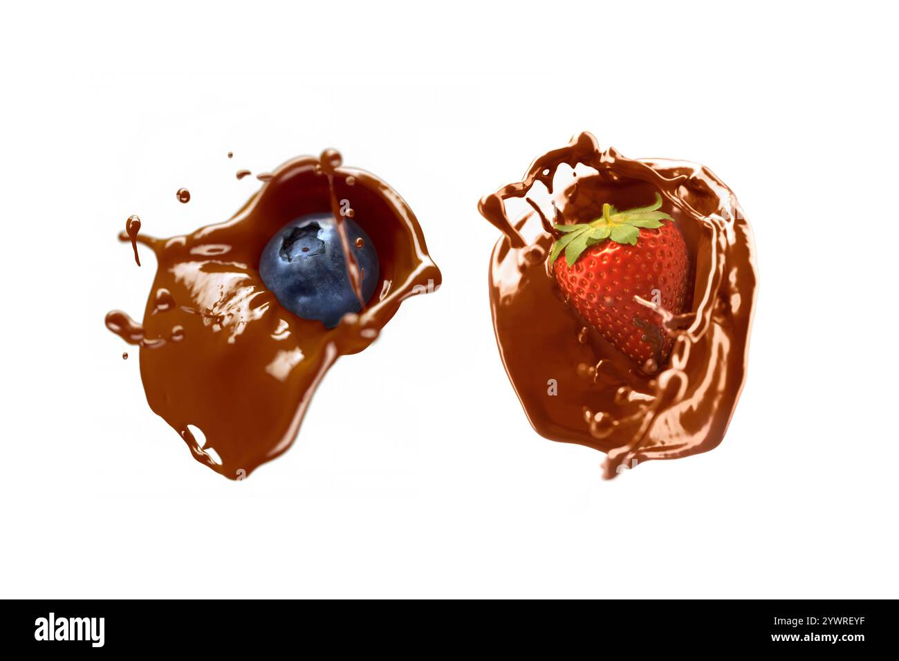 Blueberry and strawberry falling in chocolate splash, depth of field ...
